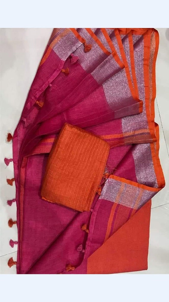 100% Pure Linen Saree Linen by Linen Sari Pure Handloom Saree - Etsy