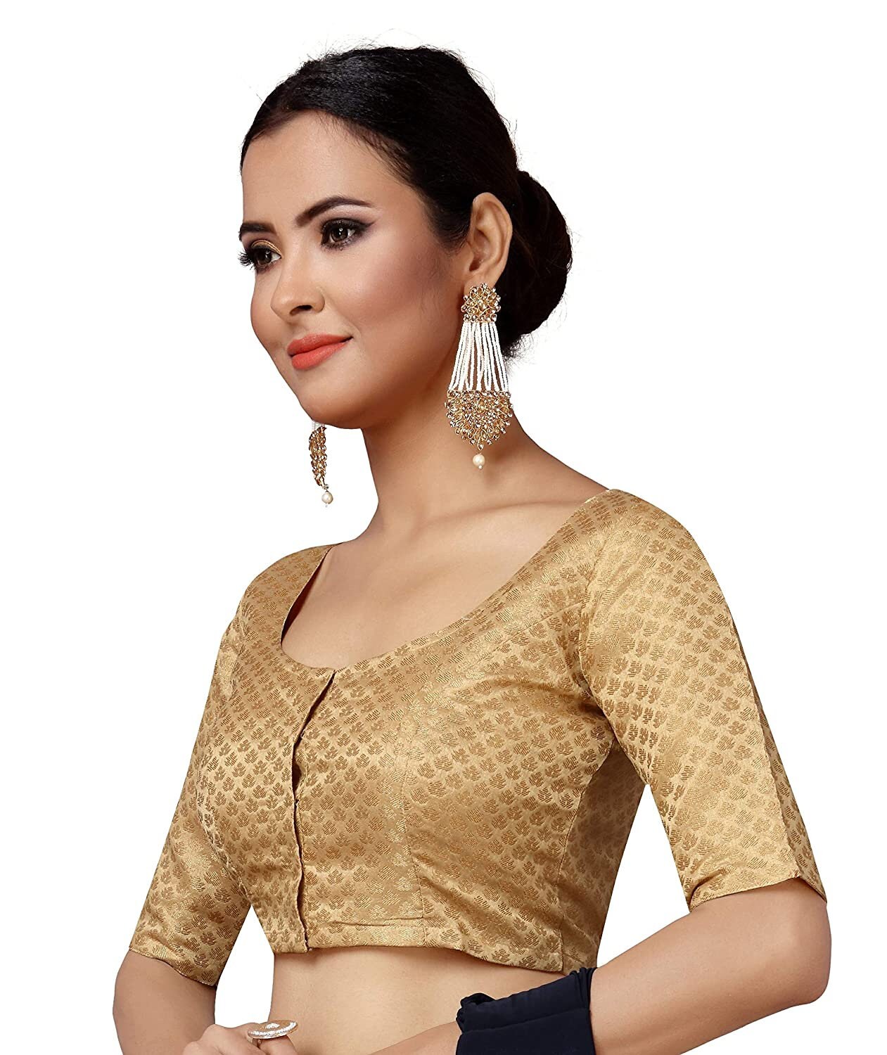 Golden Round Neck Blouse Womens Zari Brocade Elbow Length - Etsy