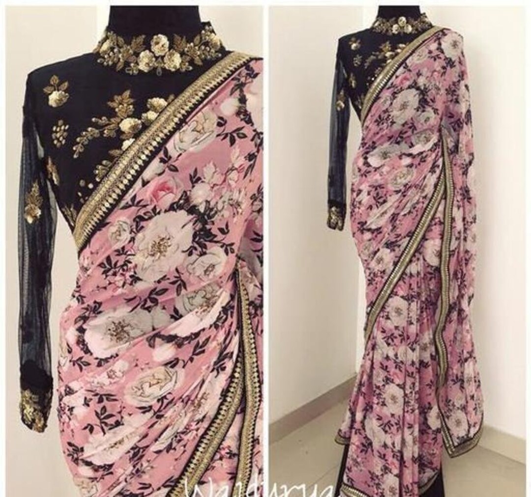 Pink Georgette Saree Floral Printed Saree With Lace Work With Blouse ...