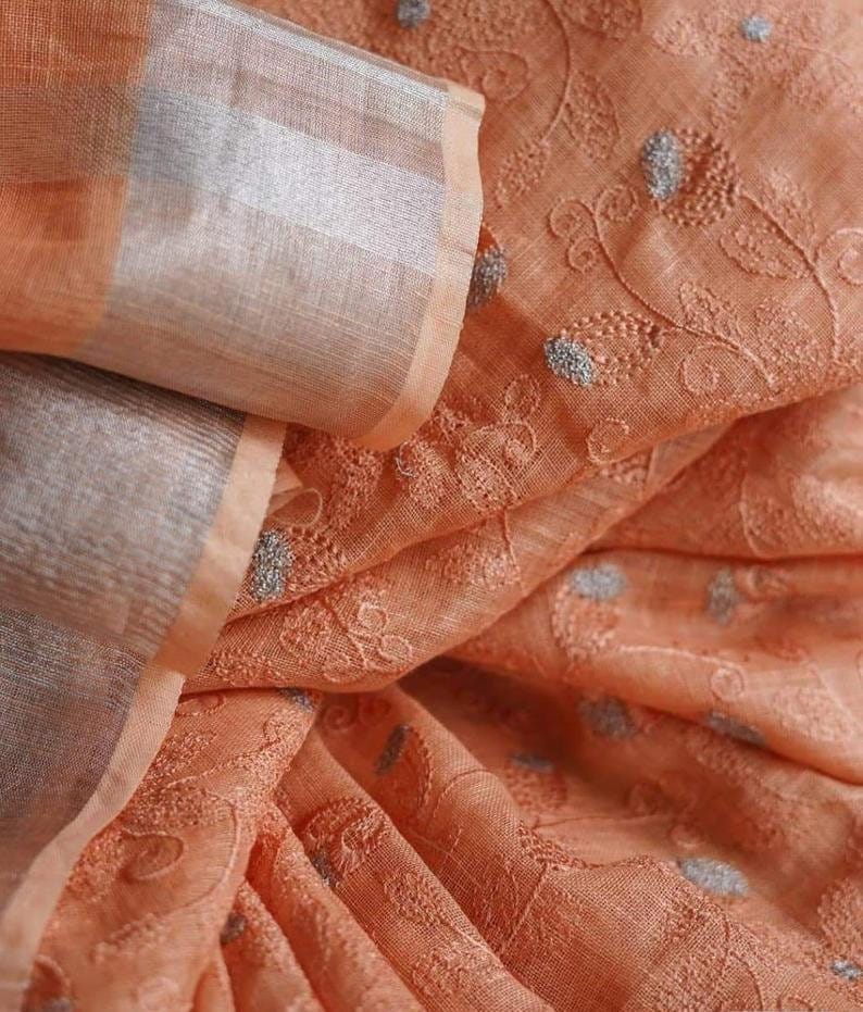 100% Pure Linen Embroidered Saree Linen by Linen Sari Pure - Etsy