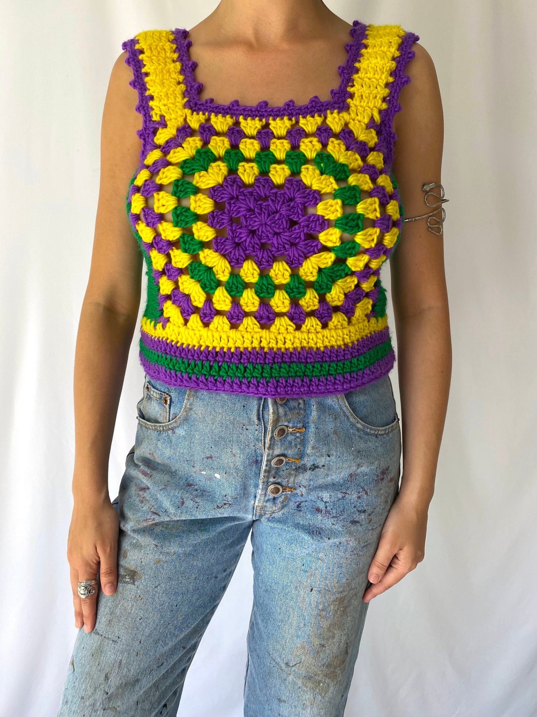 60s Vintage Multicolor Granny Square Crochet Hand Knit Tank Top - Large ...