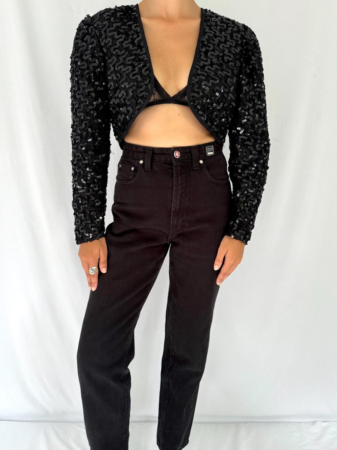 80s Vintage Black Sequin Embellished Cropped Bolero Jacket - Medium ...