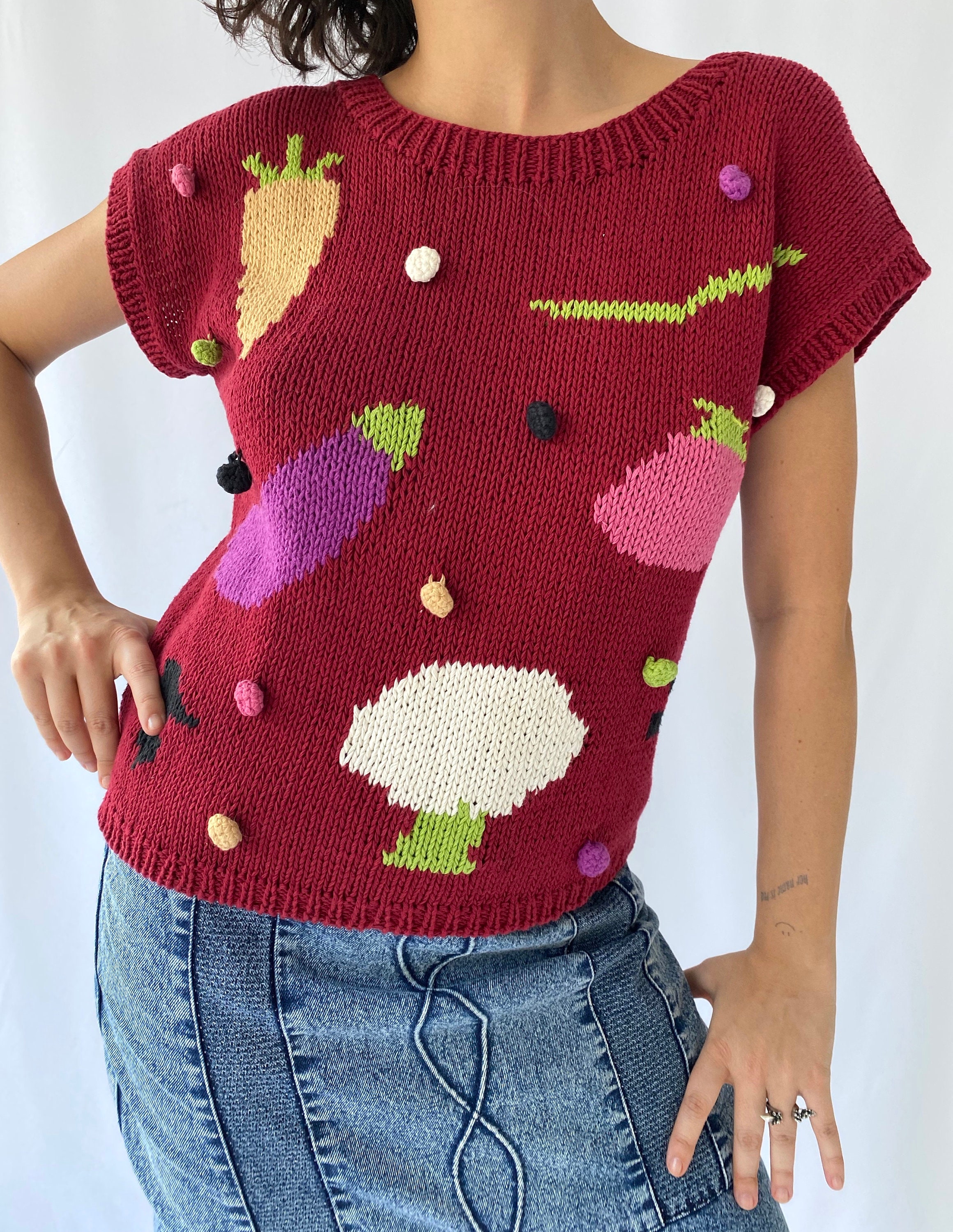 80s Vintage Red Vegetable Knit Sweater Vest Medium - Etsy