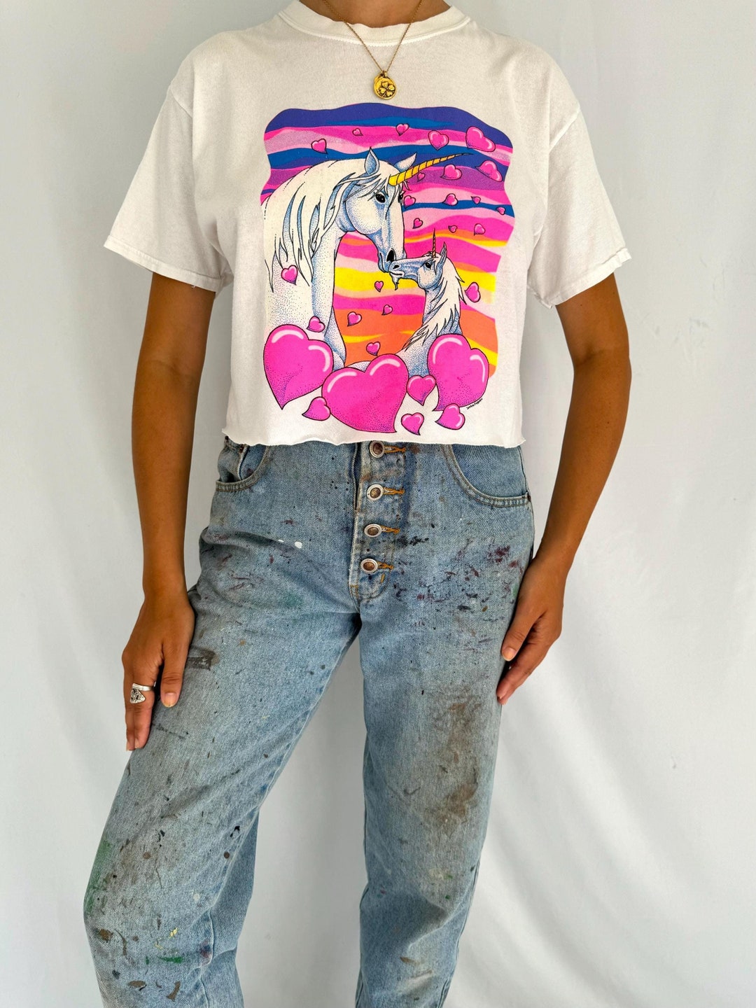 Y2k Vintage Neon Magical Unicorn Sunset Graphic Cropped Tee Shirt ...