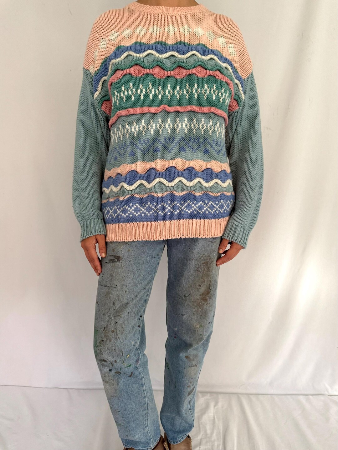 80s Vintage Pastel Grandmacore Textured Knit Sweater Medium Novelty ...