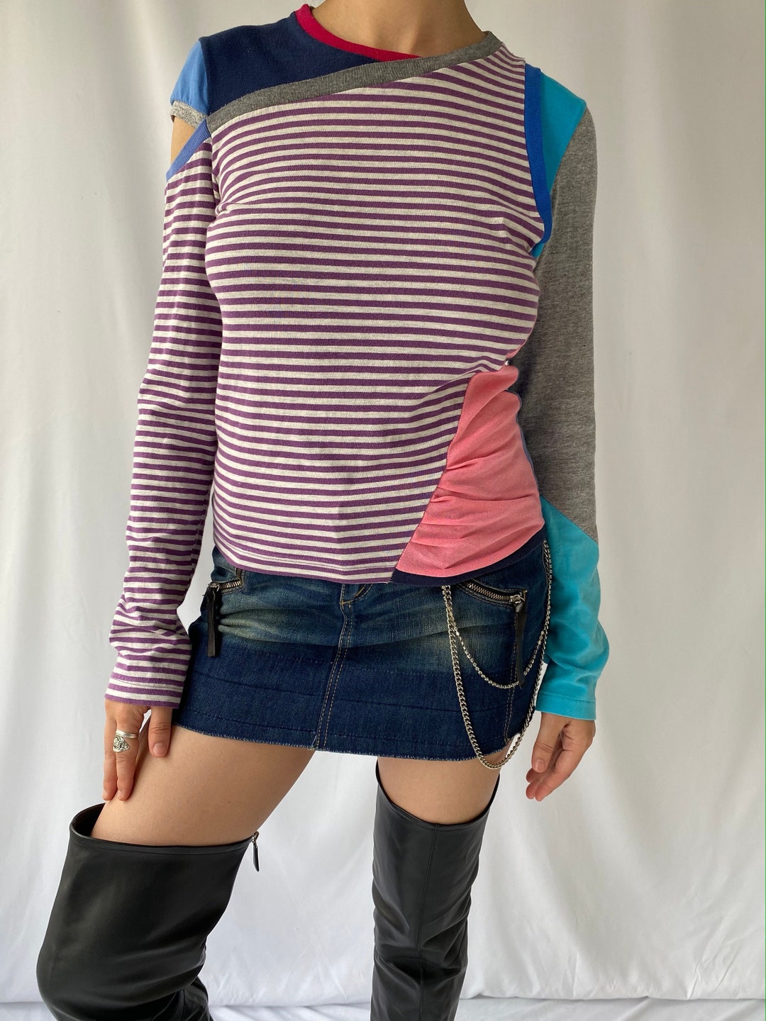 Y2k Vintage Multicolor Abstract Patchwork Long Sleeved Tee Shirt Small ...