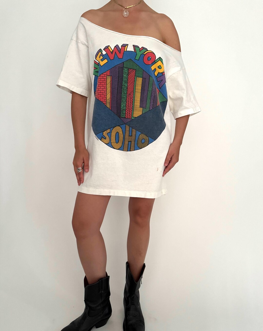 90s Vintage New York Soho Rainbow Art Graphic Oversized Tee Shirt Dress ...
