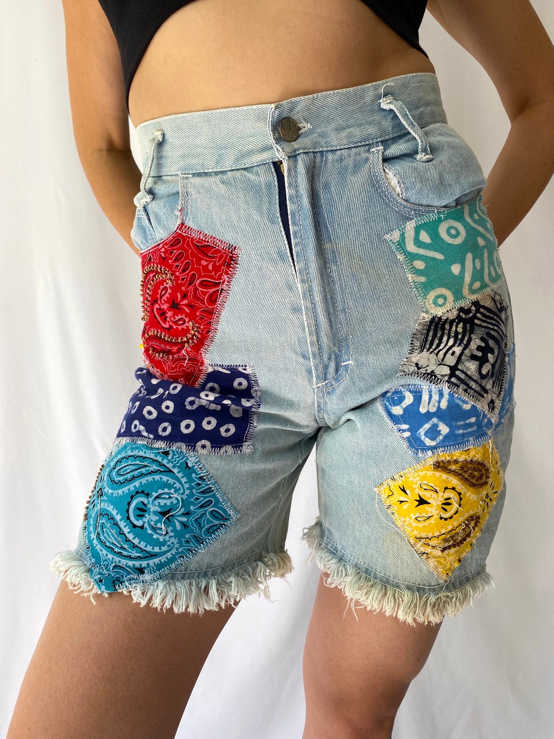 90s Vintage Colorful Patchwork High Waist Blue Denim Shorts – Extra ...