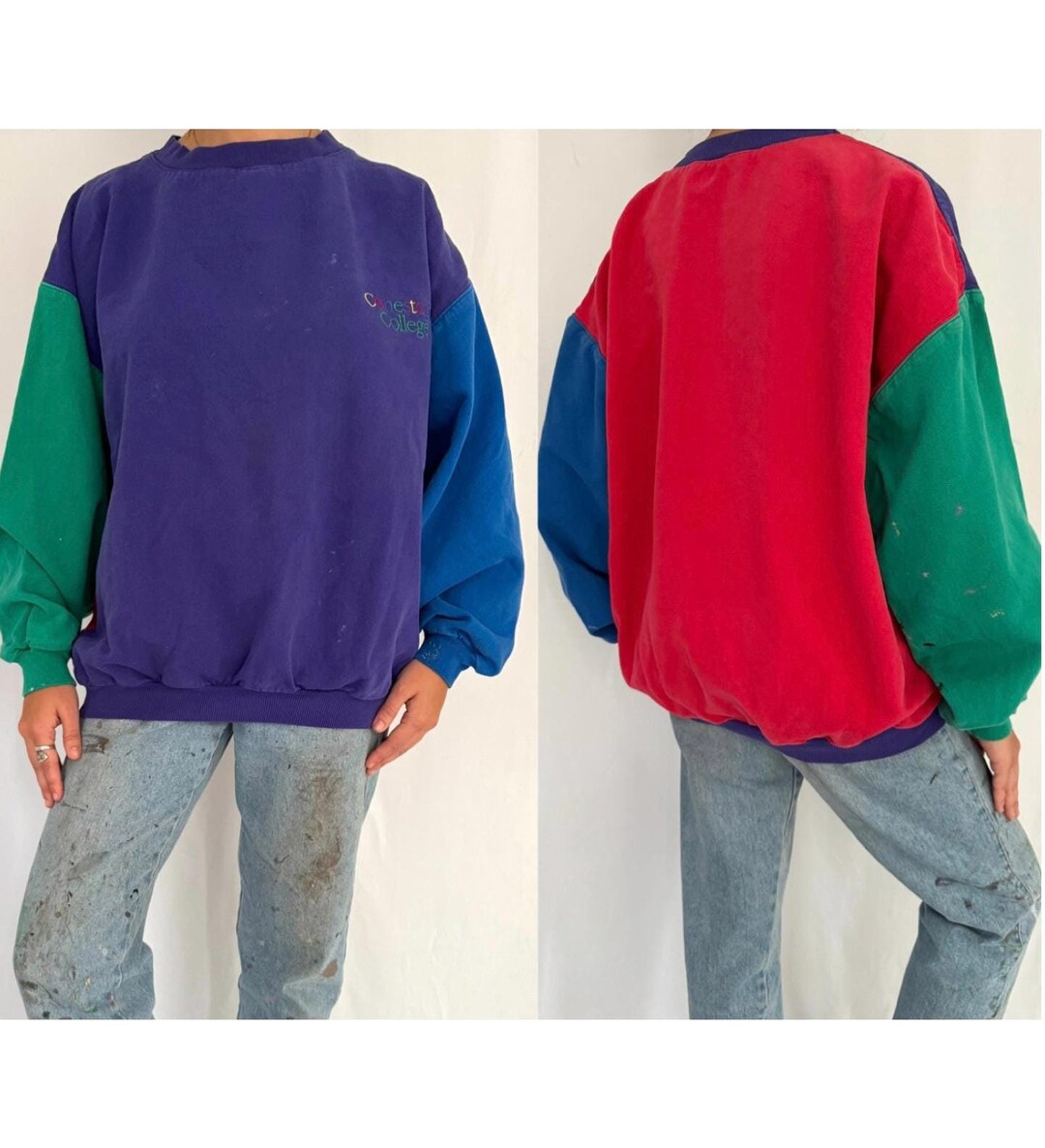 90s Vintage Rainbow Contrast Colorblock Retro Graphic Pullover ...