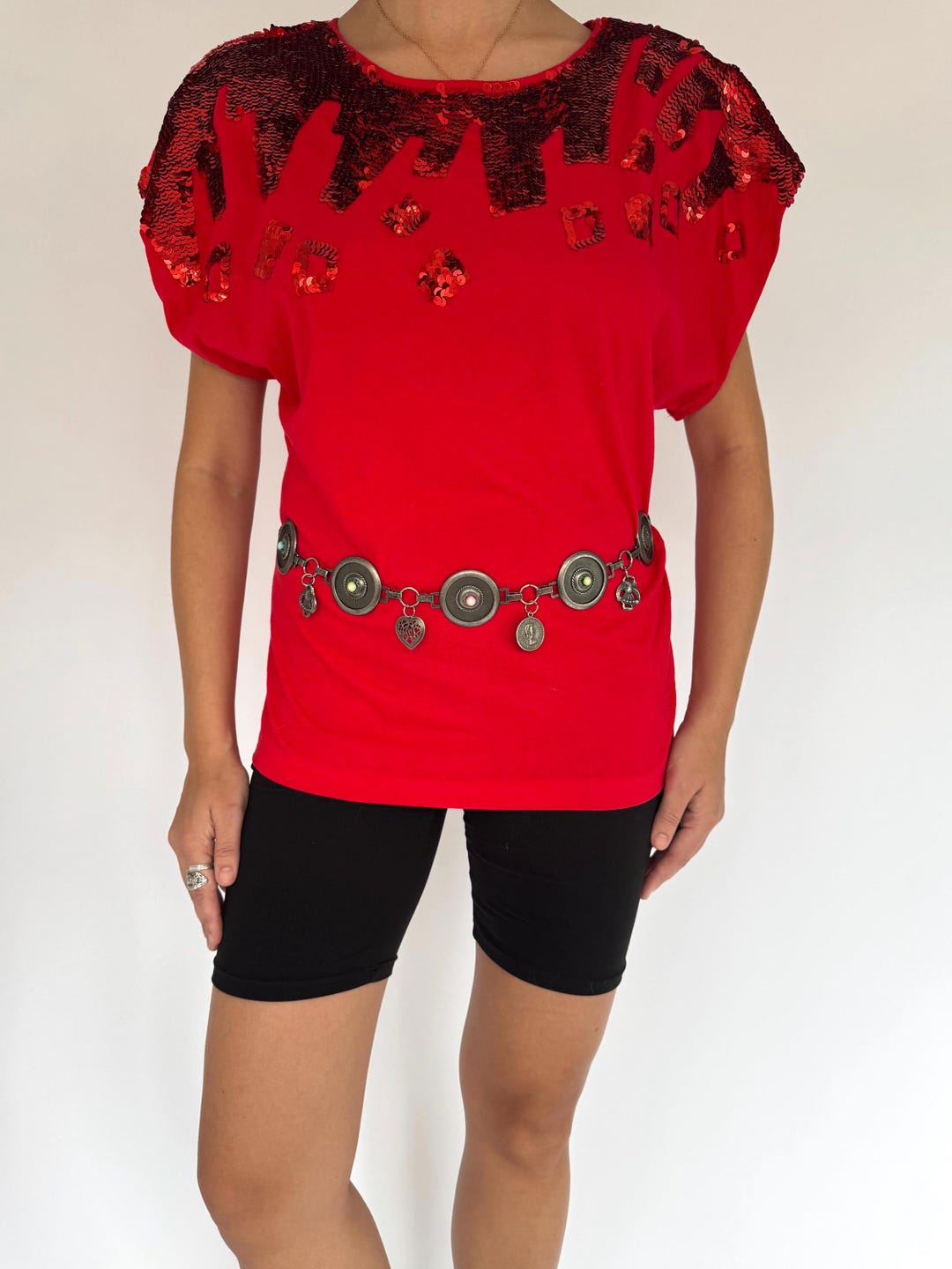 80s Vintage Red Sequin Embellished Funky Cotton Short Sleeved Tee Shirt ...