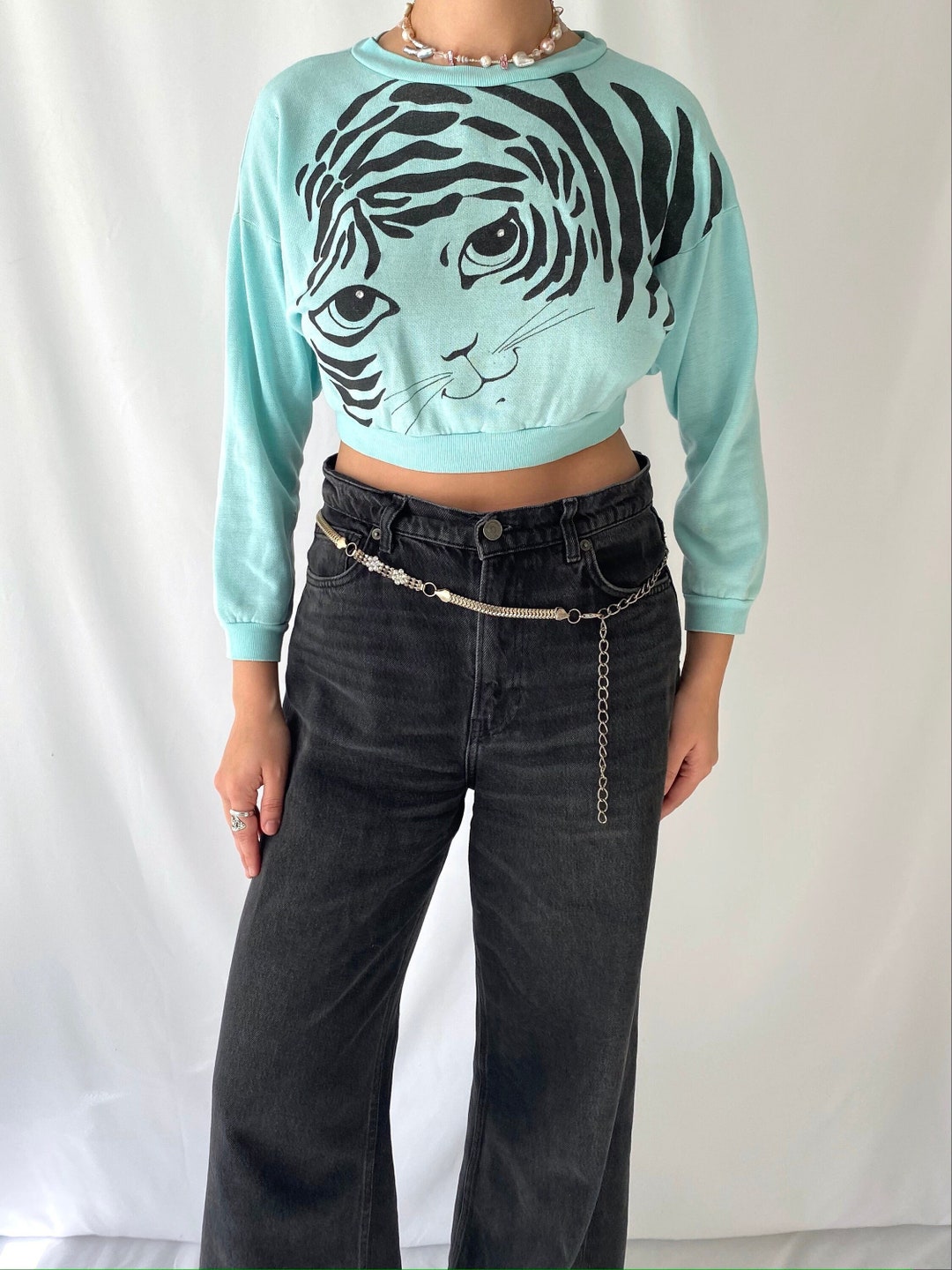 70s Vintage Light Blue Tiger Face Cropped Pullover Sweater Small ...