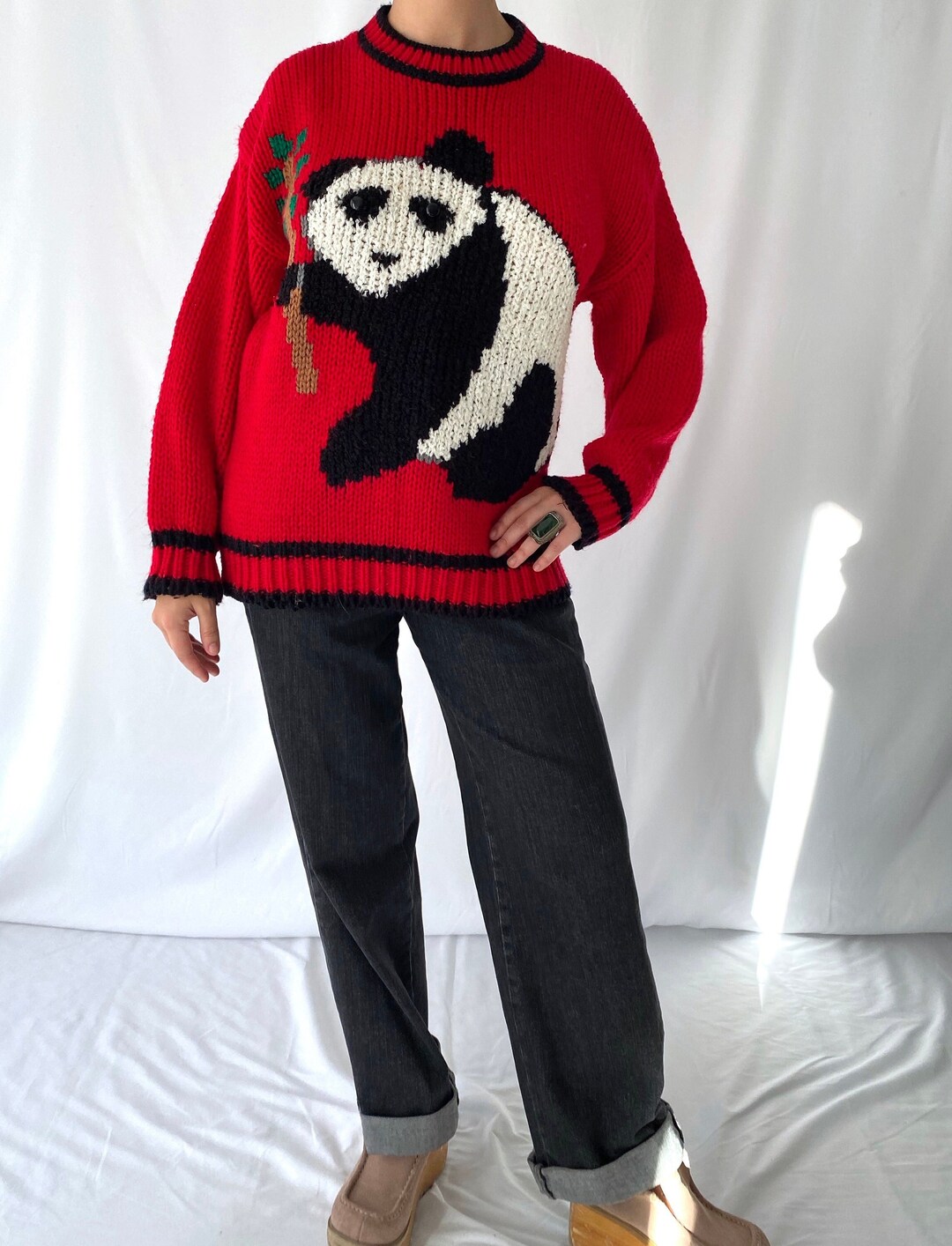 80s Vintage Red Panda Animal Thick Hand Knit Chunky Crewneck Sweater ...