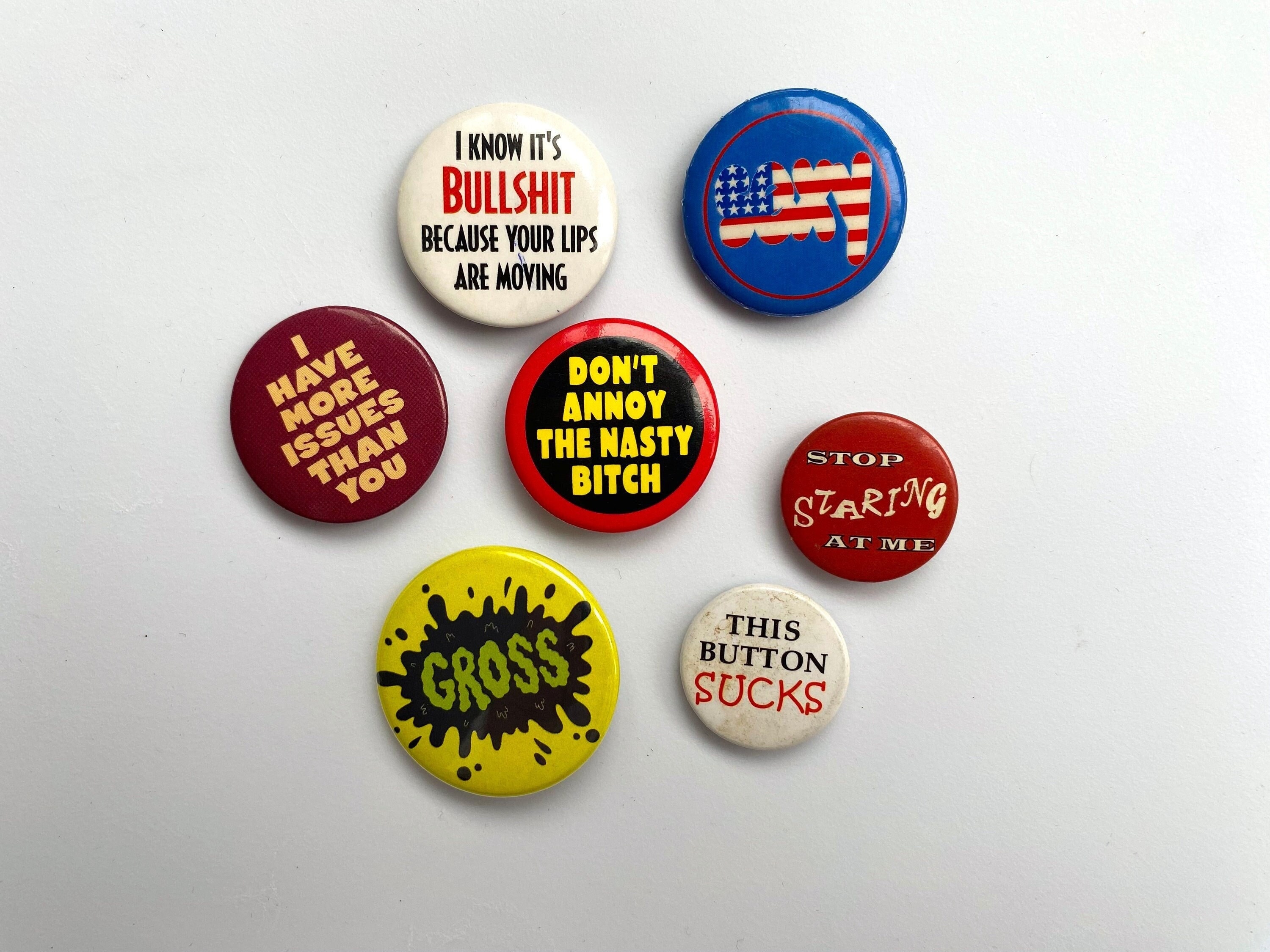 80s 90s Y2k Vintage Colorful Funny Novelty Metal Button Pins Set of 7 ...