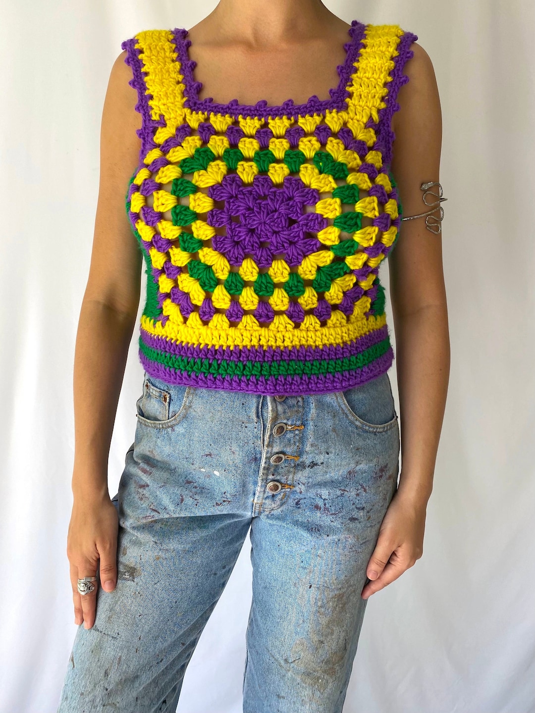 60s 70s Vintage Multicolor Granny Square Crochet Hand Knit Tank Top ...
