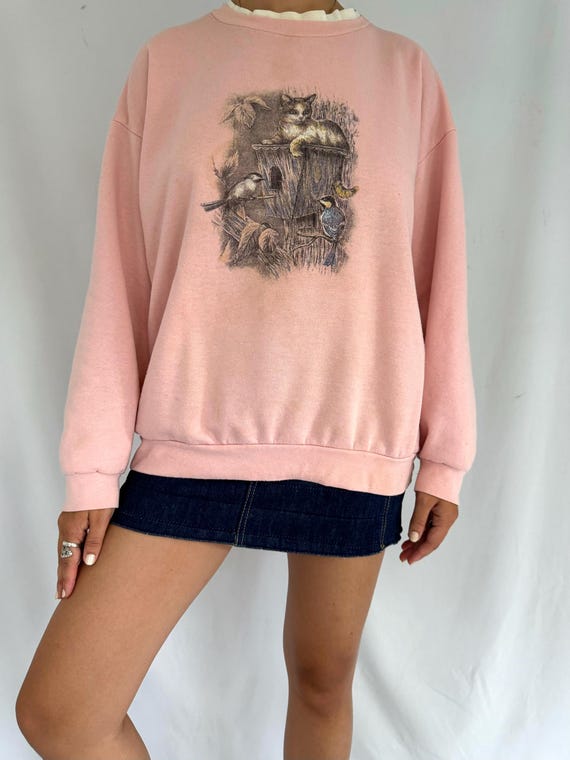 80s vintage pink cat birds granny nature scene collar… - Gem