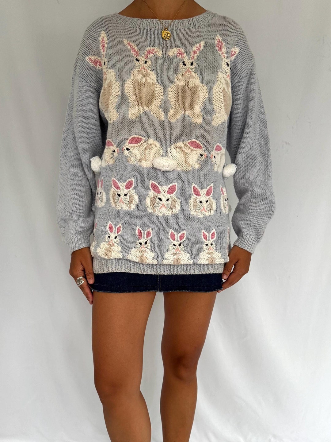 90s Vintage Bunny Rabbit Novelty 3D Hand Knit Sweater – Small Medium ...