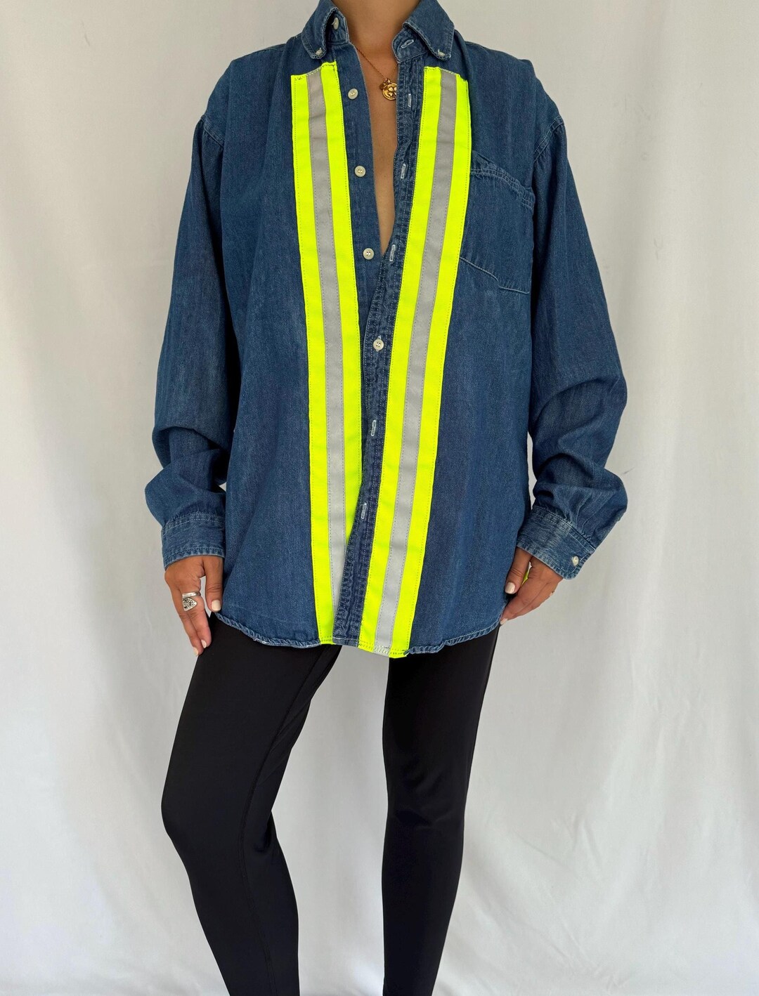 90s Vintage Blue Denim Neon Hi Vis Stripes Reworked Button up Shirt ...