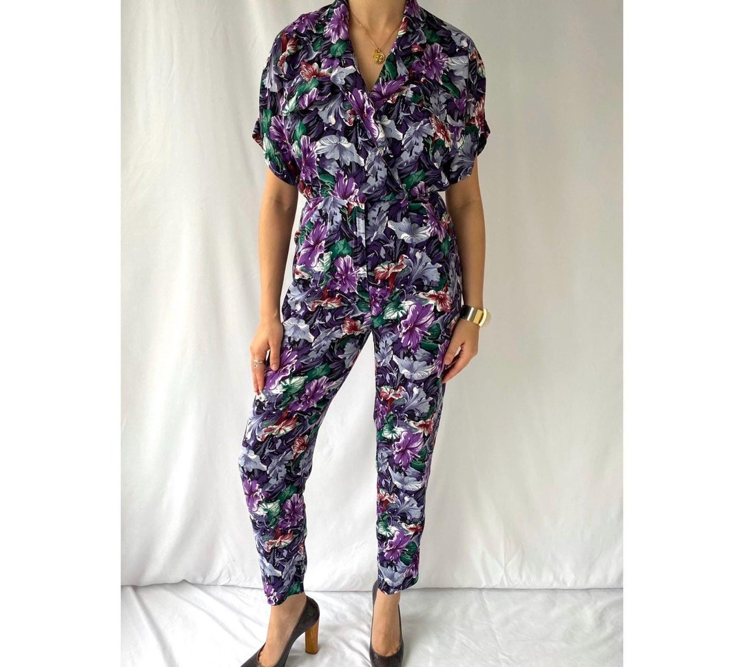 80s 90s Vintage Purple Multicolor Floral Short Sleeved Collared ...