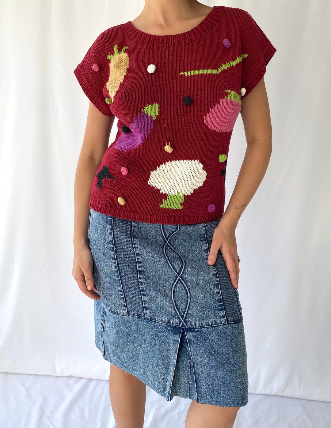 80s Vintage Red Vegetable Knit Sweater Vest Medium - Etsy
