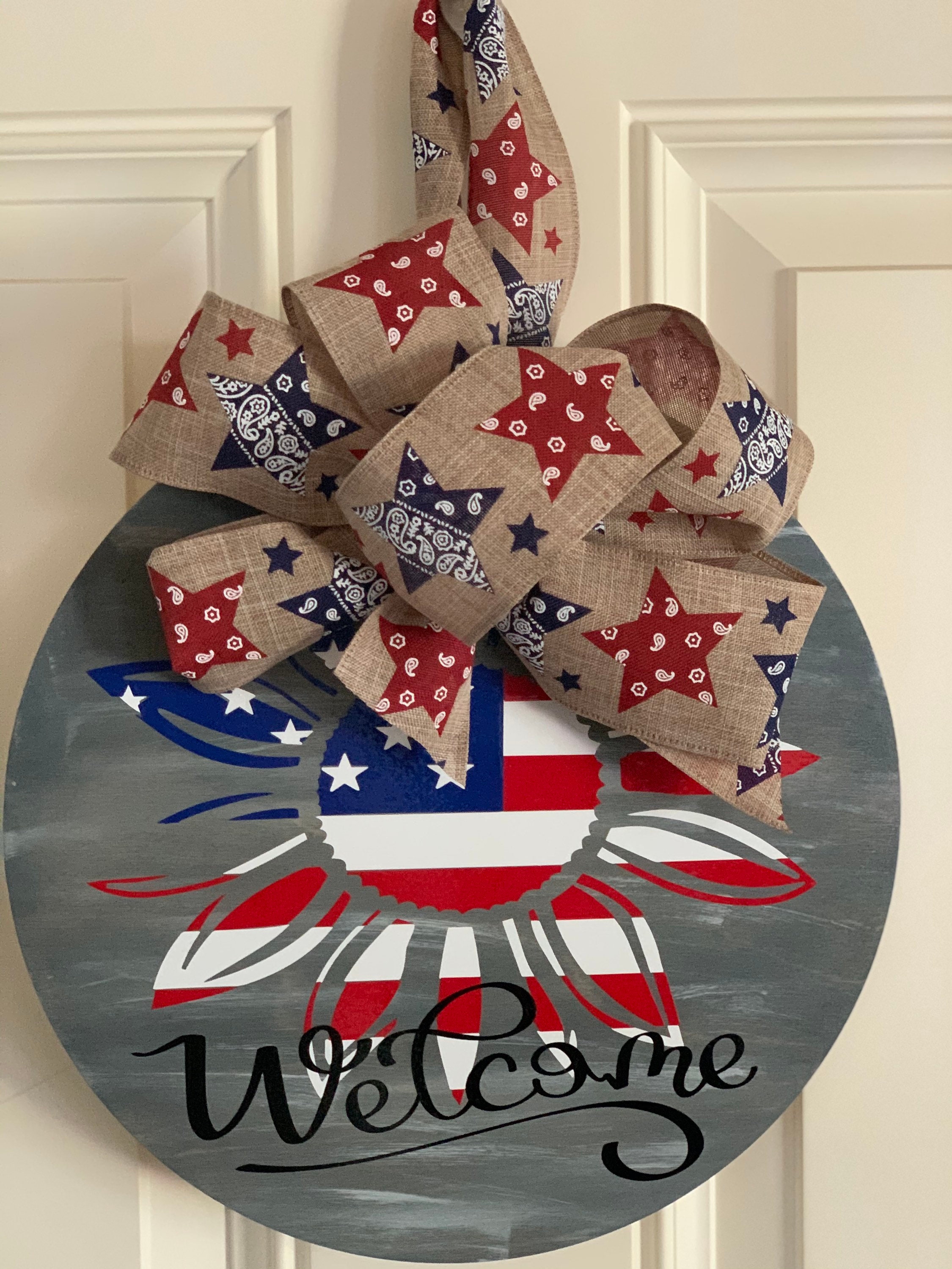 Welcome USA Patriotic Sunflower Red White and Blue America Door Sign - Etsy