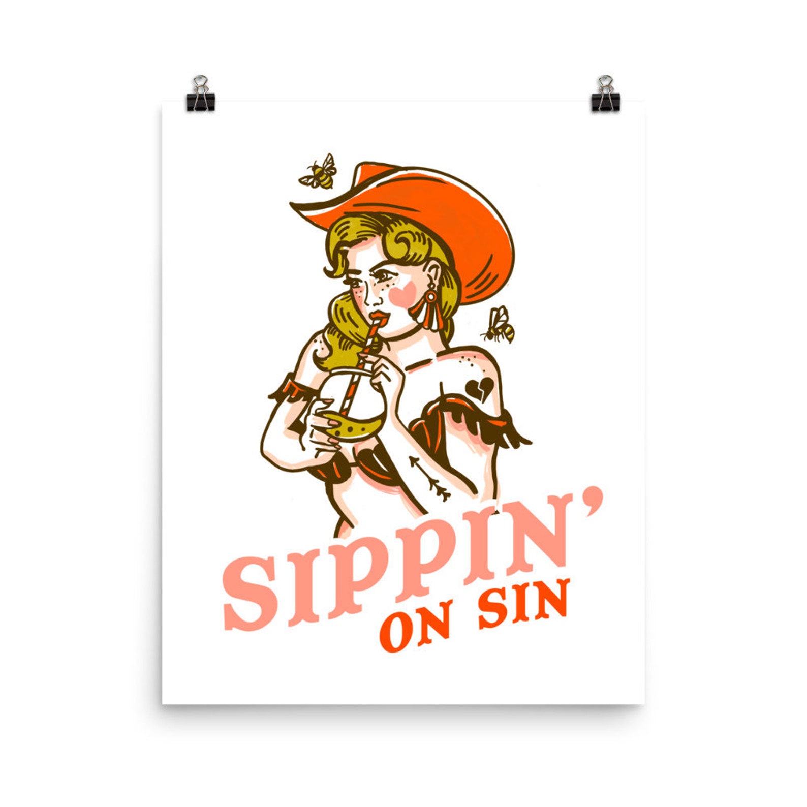 Cute Country Western Pinup Girl Drinking A Cocktail Poster Print ...