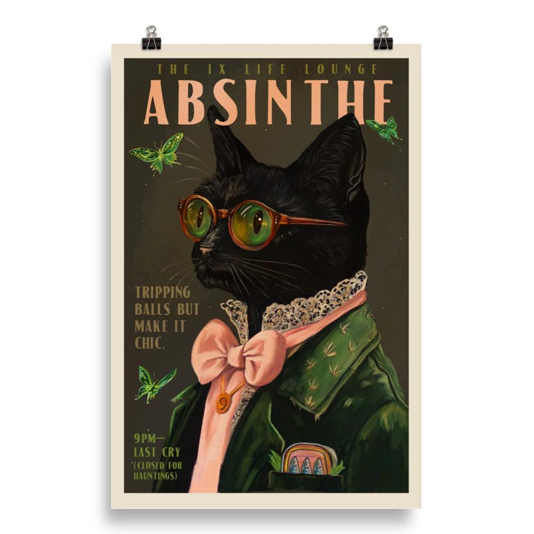 Absinthe Cat Poster. Vintage Alcohol & Retro Cocktail Bar Wall Art ...