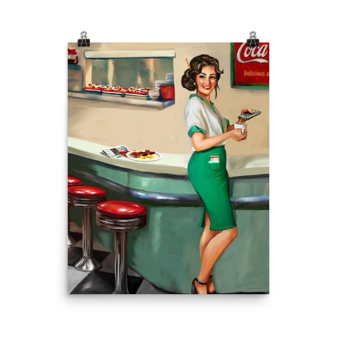 Retro Diner Waitress Puts Some Whiskey in Her Coffee - Cool Art Poster ...