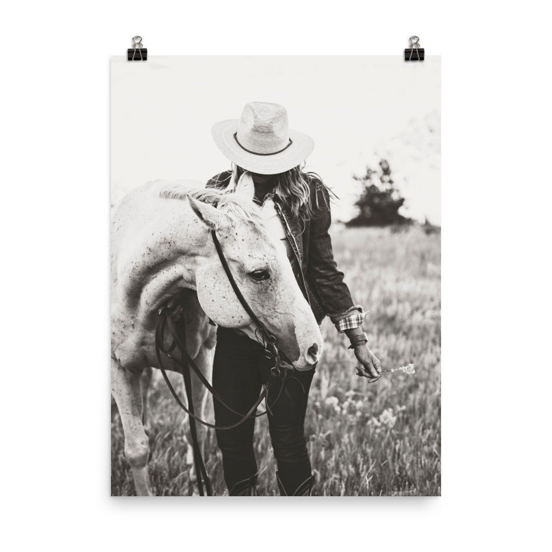 A Cowgirl and Horse Poster. Rustic Black & White Photography. Country ...