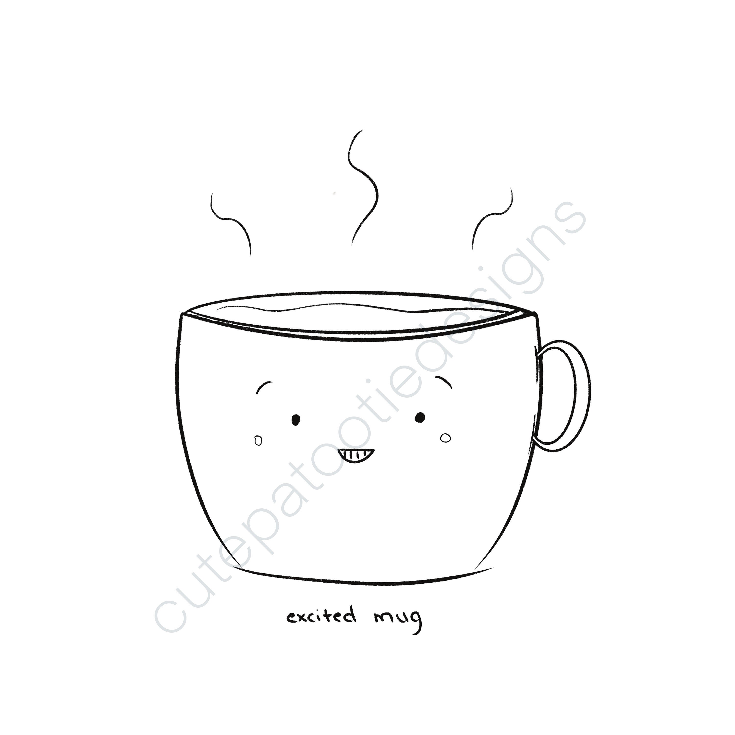 Cute Coffee Mug Wall Art, Hand Drawn Digital Art Print, Kitchen Decor ...