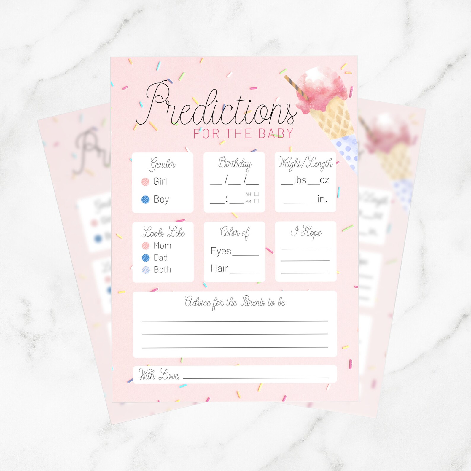 Baby Prediction Game Ice Cream Gender Reveal Baby Shower - Etsy