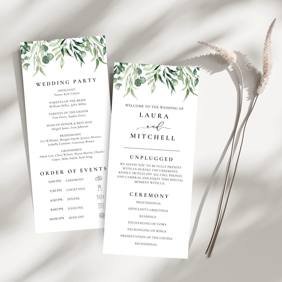 Elegant Wedding Program Template, Greenery Canva Wedding Program ...