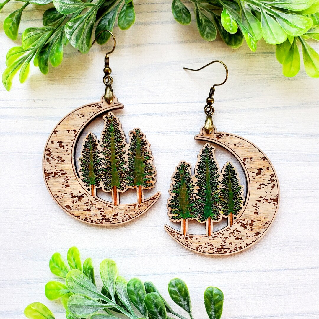 Moon and Trees Laser Engraved Earrings DIGITAL FILE - Etsy