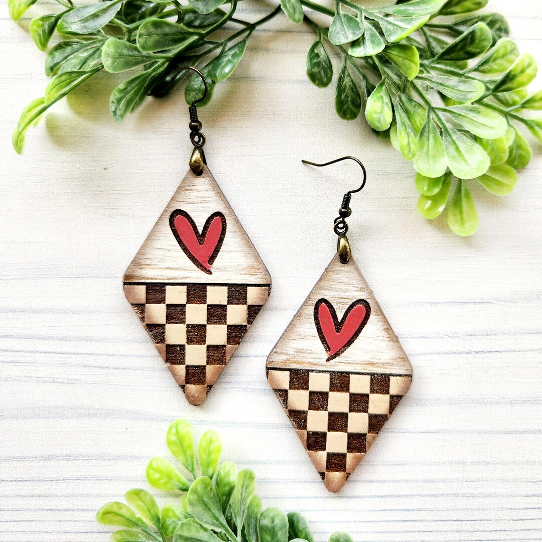 Diamond Checkered Heart Laser Engraved Earrings DIGITAL FILE - Etsy