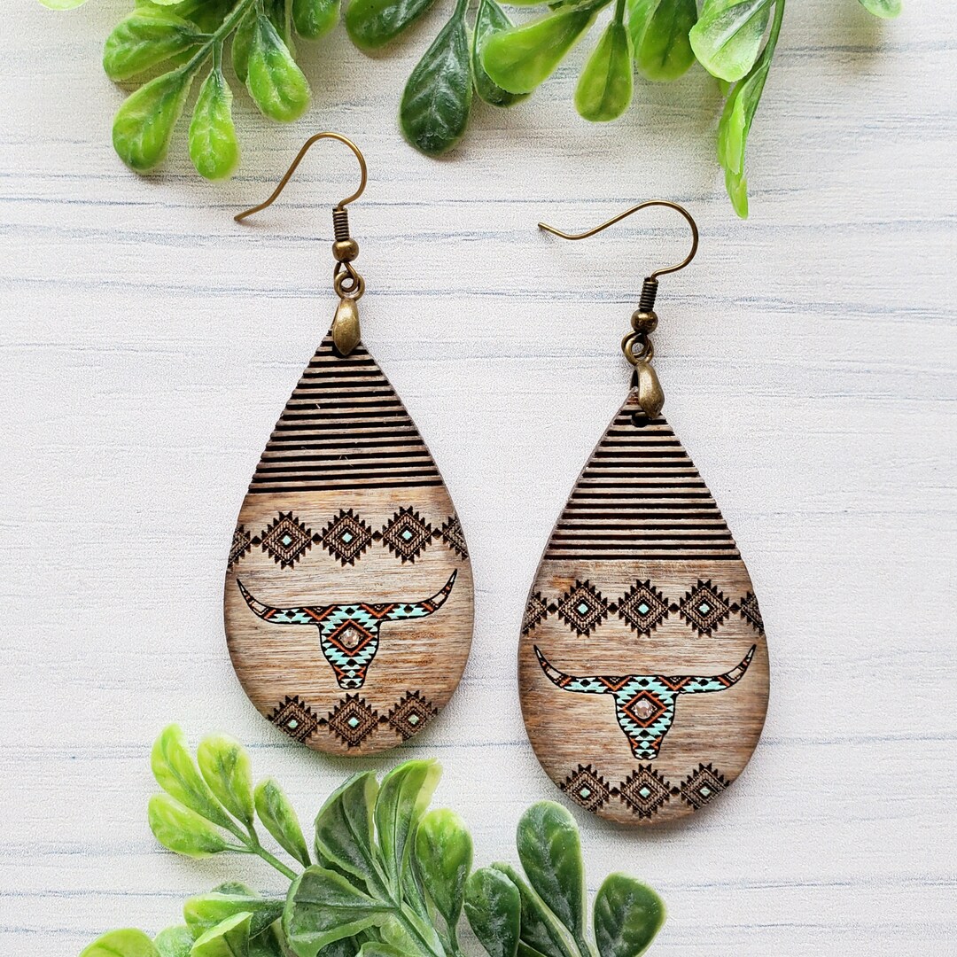 Teardrop Steer Head Laser Engraved Earrings DIGITAL FILE - Etsy