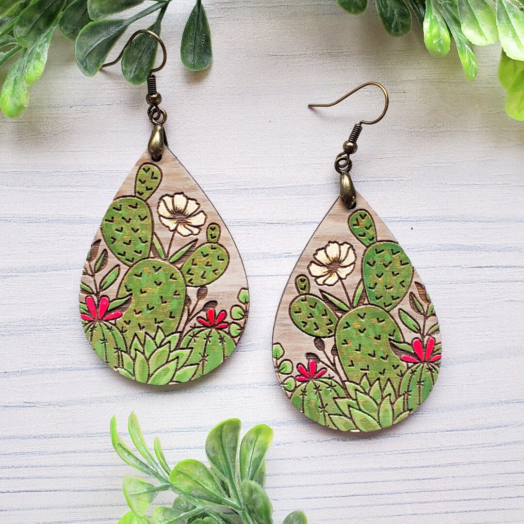 Floral Cactus Teardrop Laser Engraved Earrings DIGITAL FILE - Etsy