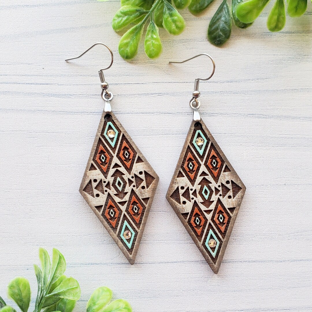 Diamond Shadow Aztec Drop Laser Engraved Earrings DIGITAL FILE - Etsy