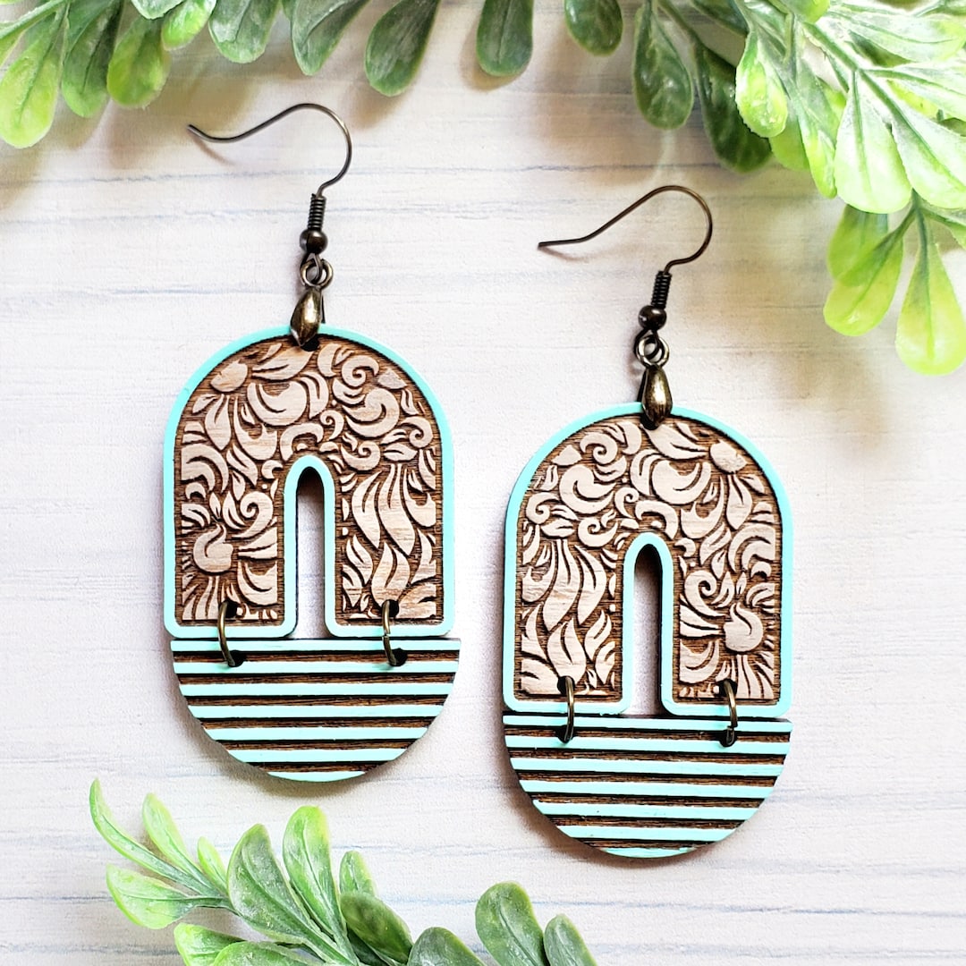 2 Piece Striped Tooled Leather Arch Laser Engraved Earrings DIGITAL ...