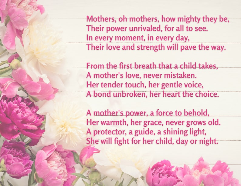 Mother's Day Poem Postcard Front and Back Design Printable Card Digital ...