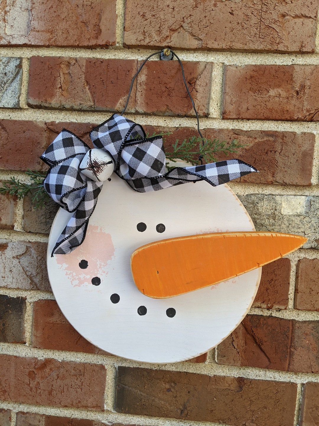 Hand Painted Snowman Face Hanging: Gingham Bow Winter Decor - Etsy