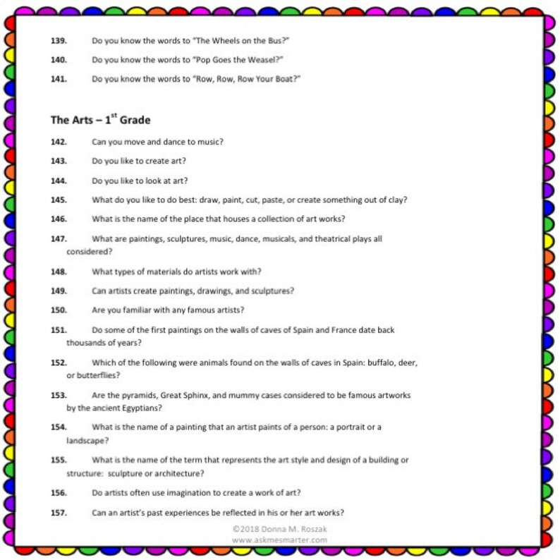 THE ARTS Preschool 2nd Grade Curriculum-aligned Questions Educational ...