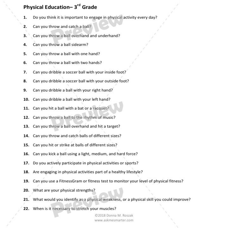 PHYSICAL EDUCATION 3rd - 5th Grade Curriculum-aligned Questions ...