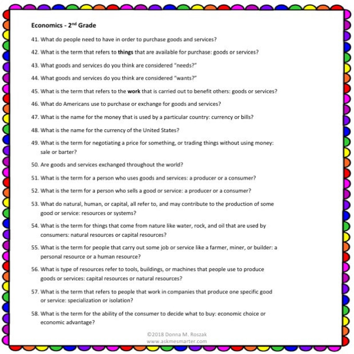 ECONOMICS Preschool 2nd Grade Curriculum-aligned Questions Educational ...