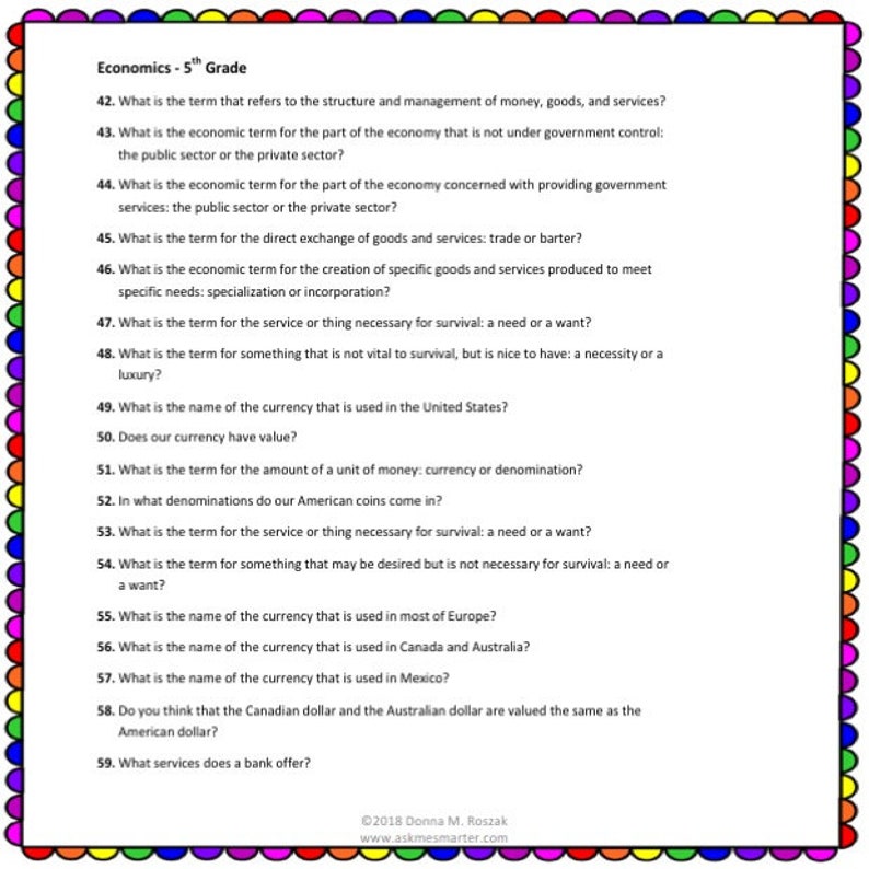 ECONOMICS 3rd - 5th Grade Curriculum-aligned Questions - Educational ...