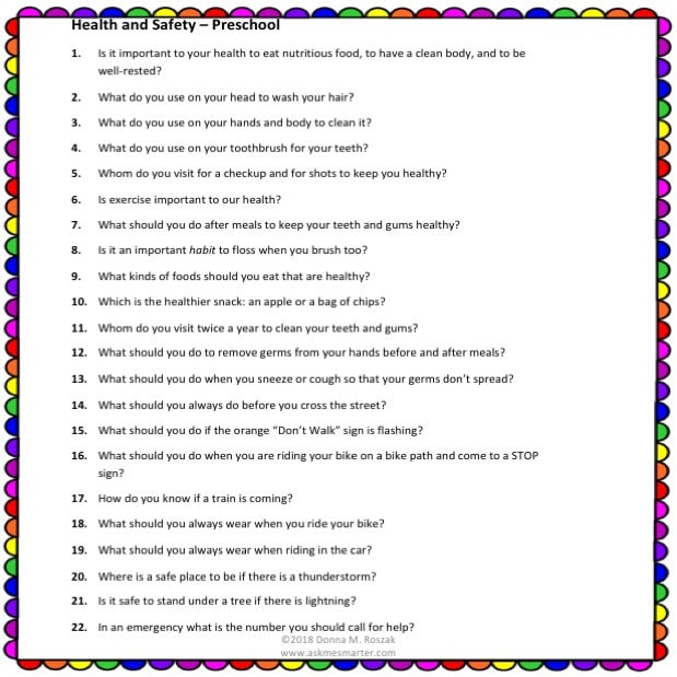 HEALTH & SAFETY Preschool-2nd Grade Curriculum-aligned Questions ...