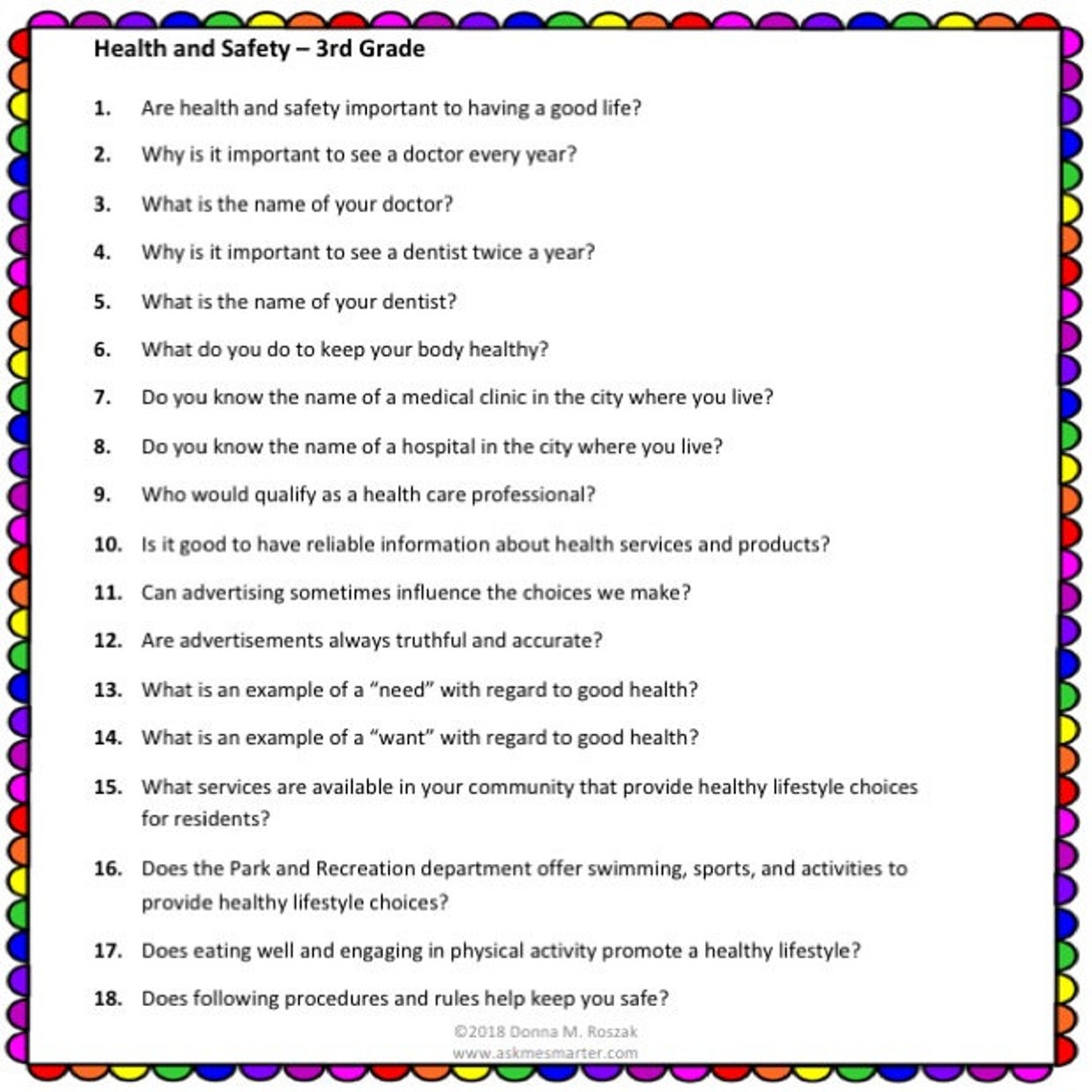 HEALTH & SAFETY 3rd - 5th Grade- Curriculum-aligned Questions ...