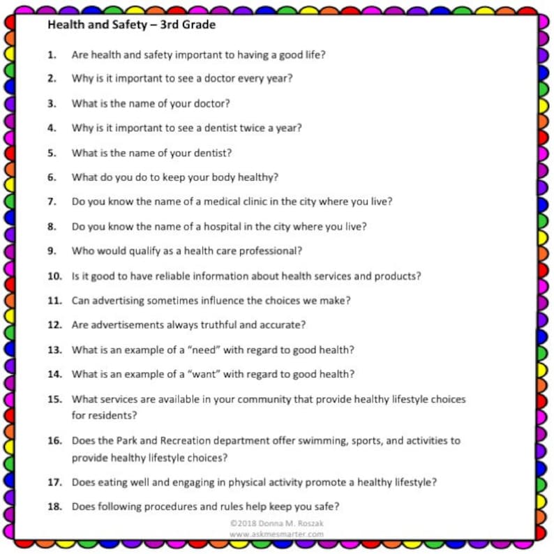 HEALTH & SAFETY 3rd - 5th Grade- Curriculum-aligned Questions ...