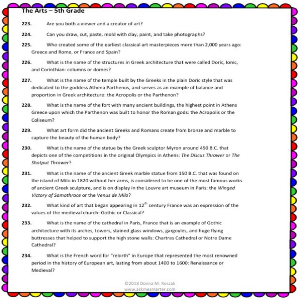 THE ARTS 3rd 5th Grade Curriculum-aligned Questions Educational ...