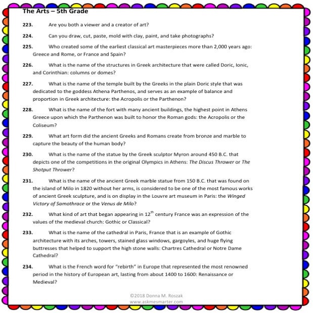 THE ARTS - 3rd - 5th Grade Curriculum-aligned Questions - Educational ...