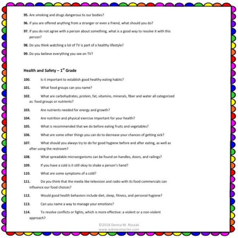 HEALTH & SAFETY Preschool-2nd Grade Curriculum-aligned Questions ...