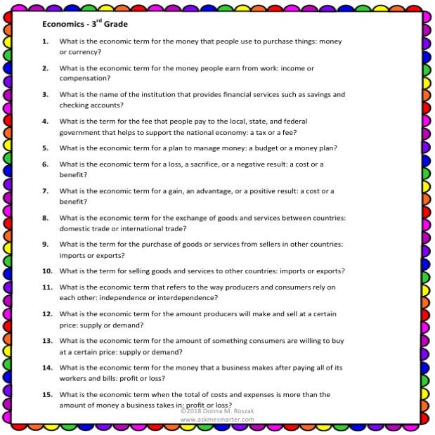 ECONOMICS 3rd - 5th Grade Curriculum-aligned Questions - Educational ...